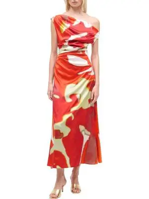 Staud Abstract Print One-shoulder Stretch Silk Dress - Red Zone
