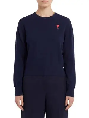 Ami Ribbed Crew Neck Pullover - Marine