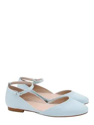 KAILEE P Satin Round Toe Flat With Ankle Strap - Light Blue