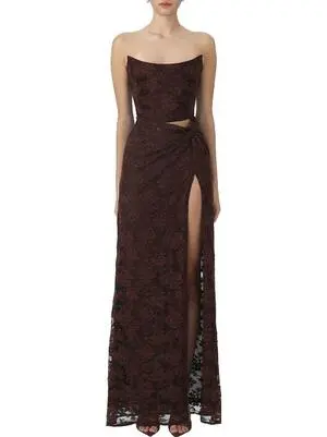 SAU LEE Floral Lace Strapless Gown With Cutout - Dark Walnut
