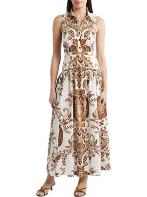 CECE DUPRAZ Printed Sleeveless Maxi Shirtdress Cream Multi