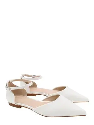 KAILEE P Bella Satin Pointed Toe Ankle Strap Flats - White