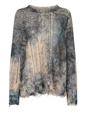 R13 Boyfriend Distressed Printed Linen Knit Sweater - Blue