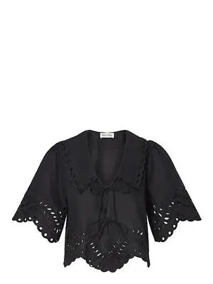 MALINA Estela Broderie-anglaise Linen-blend Blouse - Black