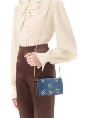 Valentino Garavani Vlogo Signature Mini Shoulder Bag With Floral Embroidery - Denim
