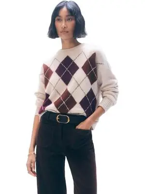 WHITE & WARREN Cashmere Argyle Crewneck Sweater - Red