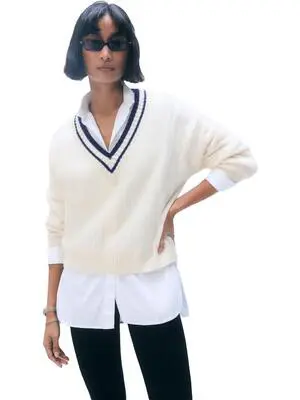 WHITE & WARREN Cashmere Varsity V-neck Sweater - Navy