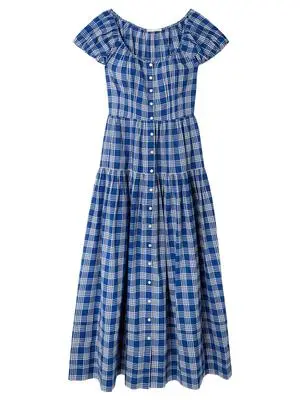 DÔEN Valenne Tiered Checked Organic Cotton Midi Dress - Blue