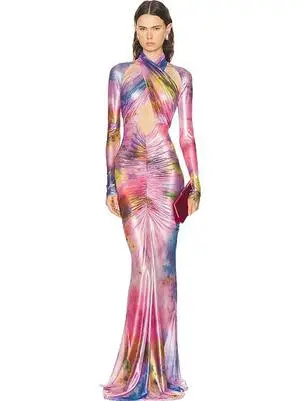 Lapointe Printed Metallic Mesh Halter Ruched Gown - Multi