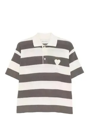 AMI Paris Striped Heart Polo Shirt - Grey