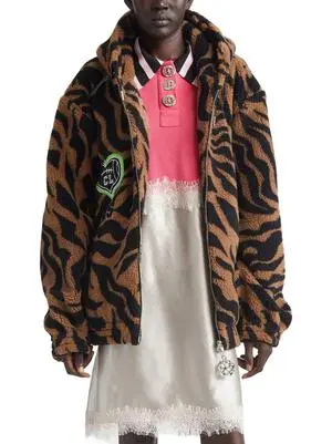 CHOPOVA LOWENA Tiger Stripe Oversize High Pile Fleece Full Zip Hoodie - Brown And Black
