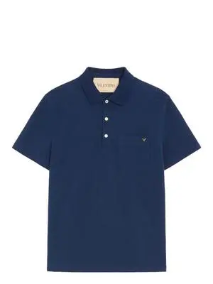 Valentino Garavani Polo Shirt In Cotton Piquet With Vgold Blue