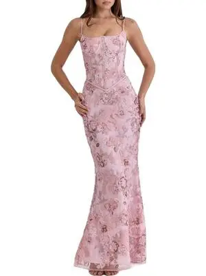 House Of Cb Naima Hand-beaded Gown - Pink