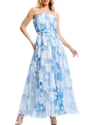 Dress The Population Verity Pleated Belted Strapless Gown - Sky Multi