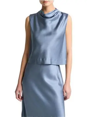 Vince Satin Cropped Cowl-neck Top - Blue / Multicolor