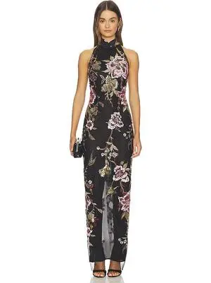 SAU LEE Embroidered Sequin Maxi Dress - Black Multi