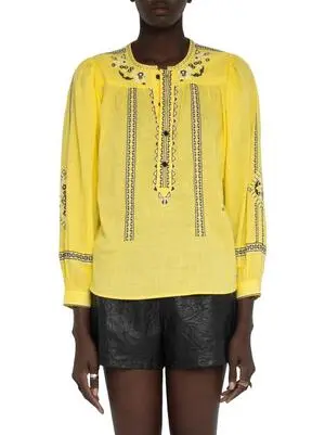Zadig&Voltaire Tigy Long Sleeve Embroidered Cotton Top - Banana