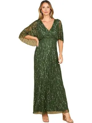 LARA NEW YORK Beaded Gown With Cape Sleeves - Emerald
