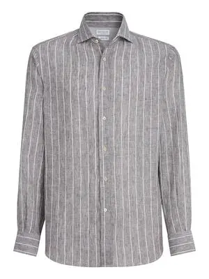 Brunello Cucinelli Linen Chalk Stripe Shirt - Brown