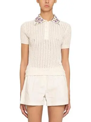 DES_PHEMMES Short Sleeve Polo Sweater - Vanilla