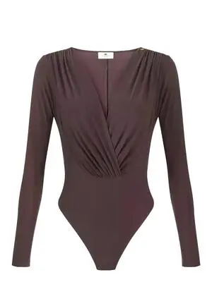 Elisabetta Franchi Draped Georgette Bodysuit With Metal Logo Detail - Brown