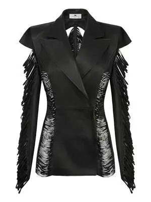 Elisabetta Franchi Double-breasted Fringed Leather Jacket - Black