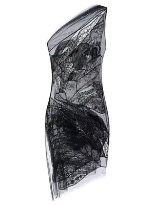 Elisabetta Franchi Embroidered One-shoulder Mini Dress - Black