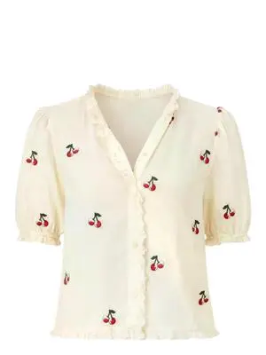 TWINSET Cherry Embroidered Ruffled Shirt - Neutrals