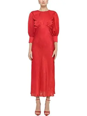 NISSA Puff-sleeve Floral Midi Dress - Red
