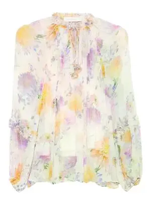 Zimmermann Luna Ruffled Floral Blouse - Neutrals