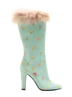 Valentino Garavani Floral Print Boots With Feather Trim - Blue