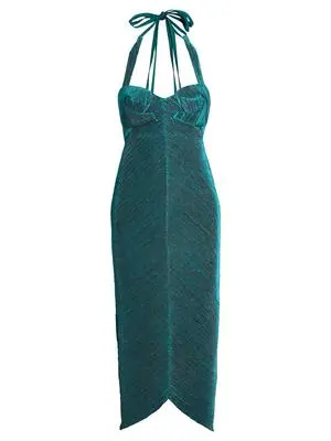 Cult Gaia Milo Plissé Satin Halterneck Midi Dress - Petrol