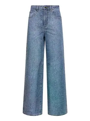 SELF-PORTRAIT Croco-effect Rhinestone Jeans - Blue