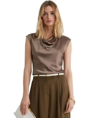 REISS Cate Silk Cowl-neck Top - Taupe Brown