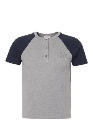 Miu Miu Logo Cotton Jersey Henley Shirt - Grey