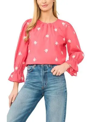 CECE DUPRAZ Embroidered Ruffle Sleeve Top - Claret Red