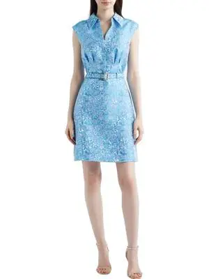 Adrianna Papell Belted Floral Jacquard Cocktail Dress - Blue Multi