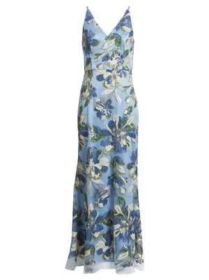 Eliza J Sequin Floral Mermaid Gown - Blue Multi
