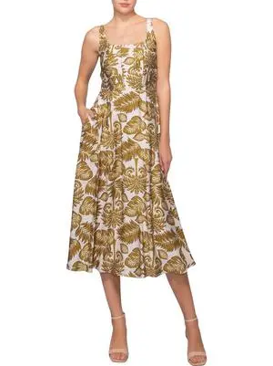 MELLODAY Sleeveless Fit & Flare Midi Dress - Olive Leaf Print