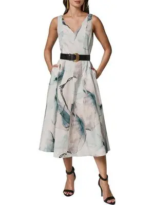 Donna Karan New York Belted A-line Midi Dress - Skylight Multi