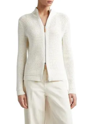 Lafayette 148 New York Open Stitch Cotton & Linen Blend Zip Cardigan - Cloud