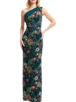DRESS THE POPULATION Sawyer Beaded Sequin One-Shoulder Gown