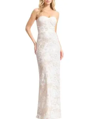 Dress The Population Vada Sequin Floral Strapless Column Gown - Off White Multi