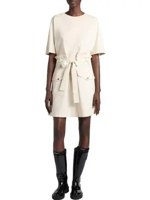 Moncler Hybrid Knit & Woven Drawstring Minidress Neutral