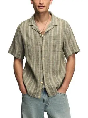 Lucky Brand Stripe Linen & Cotton Camp Shirt - Olive Multi