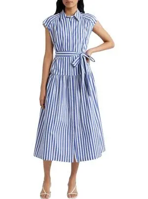 Julia Jordan Tie Waist Cap Sleeve Midi Shirt Dress - Blue Multi