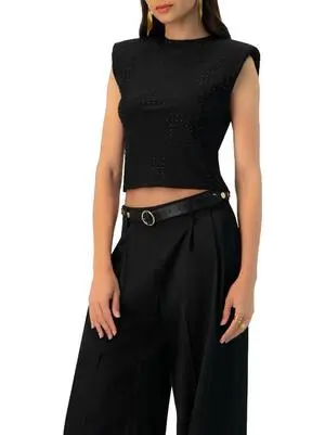 IVONNE Padded-shoulder Cropped Rhinestone Top - Black