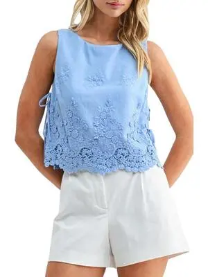 ALL IN FAVOR Eyelet Embroidered Side Tie Cotton Tank - Periwinkle