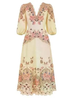 Farm Rio Floral-embroidered Midi Linen Dress - Neutrals