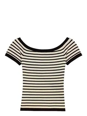 Maje Striped Rib Knit Boat Neck Short Sleeve Top - Neutrals